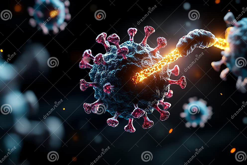A Microscopic Image of a Virus Being Attacked by a Glowing Beam of ...
