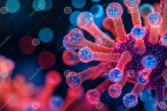 Microscopic Image of a Virus with Red and Blue Spikes and Molecular ...