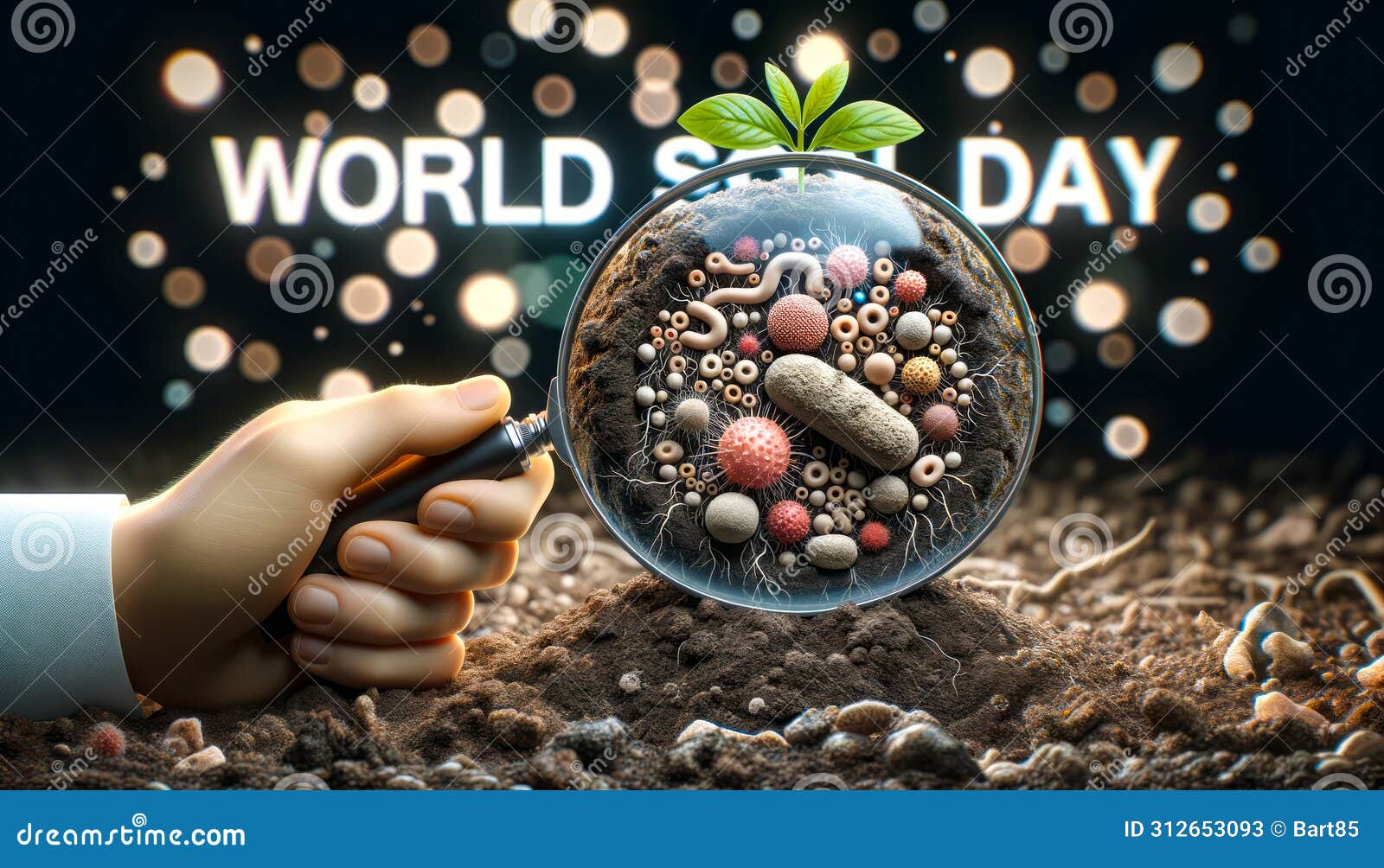 Microscopic Marvels Image of a Magnifying Glass Over Soil Revealing the ...