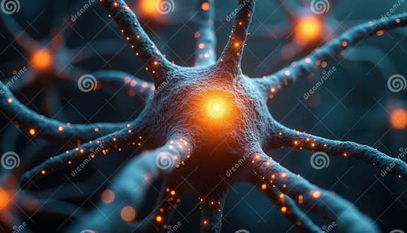 Microscopic View of Active Neuron Cell Network. Electrical Signals Glow ...