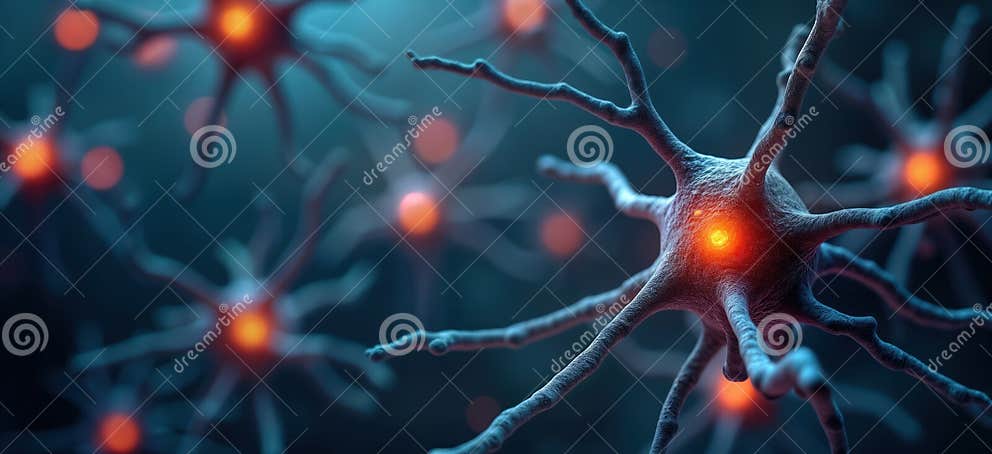 Microscopic View of Active Neurons. Orange Glowing Points Highlight ...