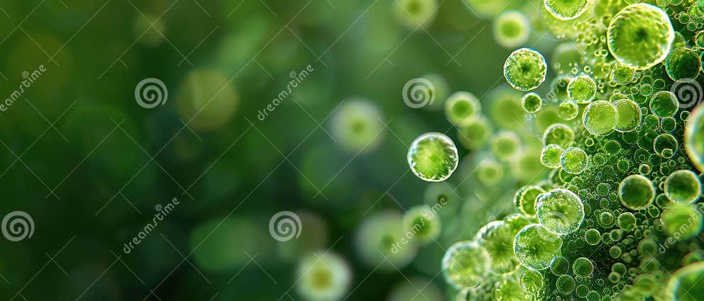 Microscopic View of Algae Cells, Green Tones, High Magnification, with ...
