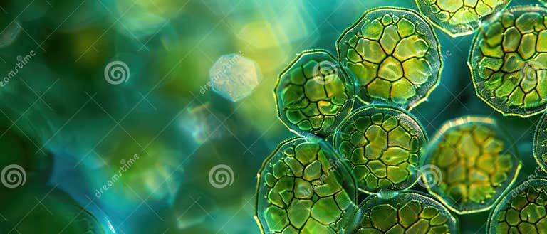 Microscopic View of Algae Cells, Green Tones, High Magnification, with ...