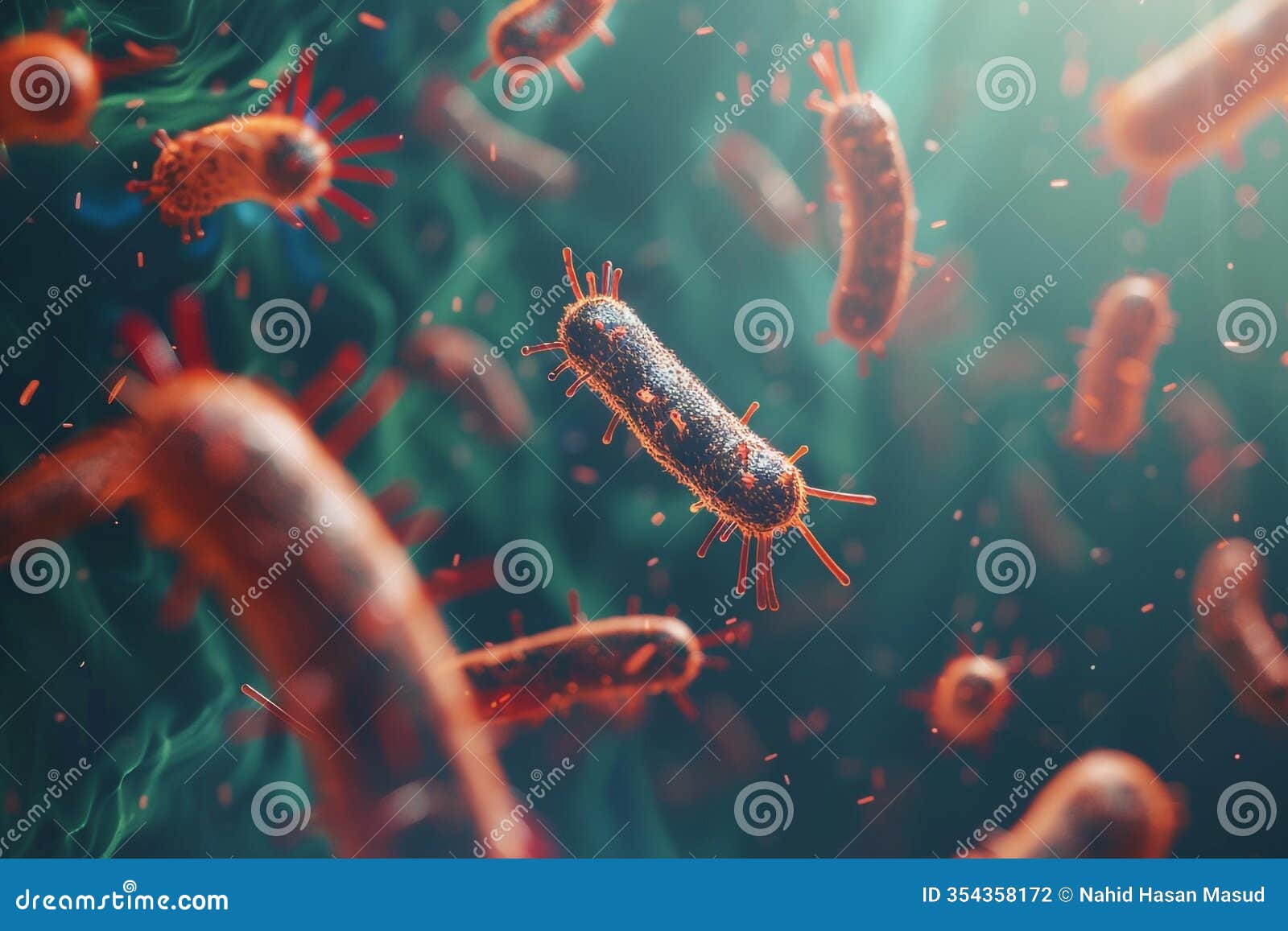 Microscopic View of Bacteria Numerous Pathogens Floating in a Teal ...