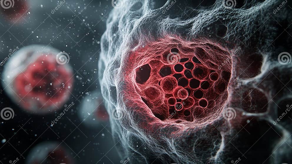 Microscopic View of a Cell with Red Internal Structures, Surrounded by ...