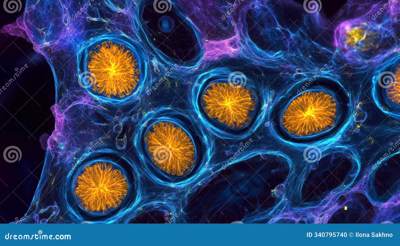 Microscopic View of Cells with Glowing Orange Centers and Blue Outer ...