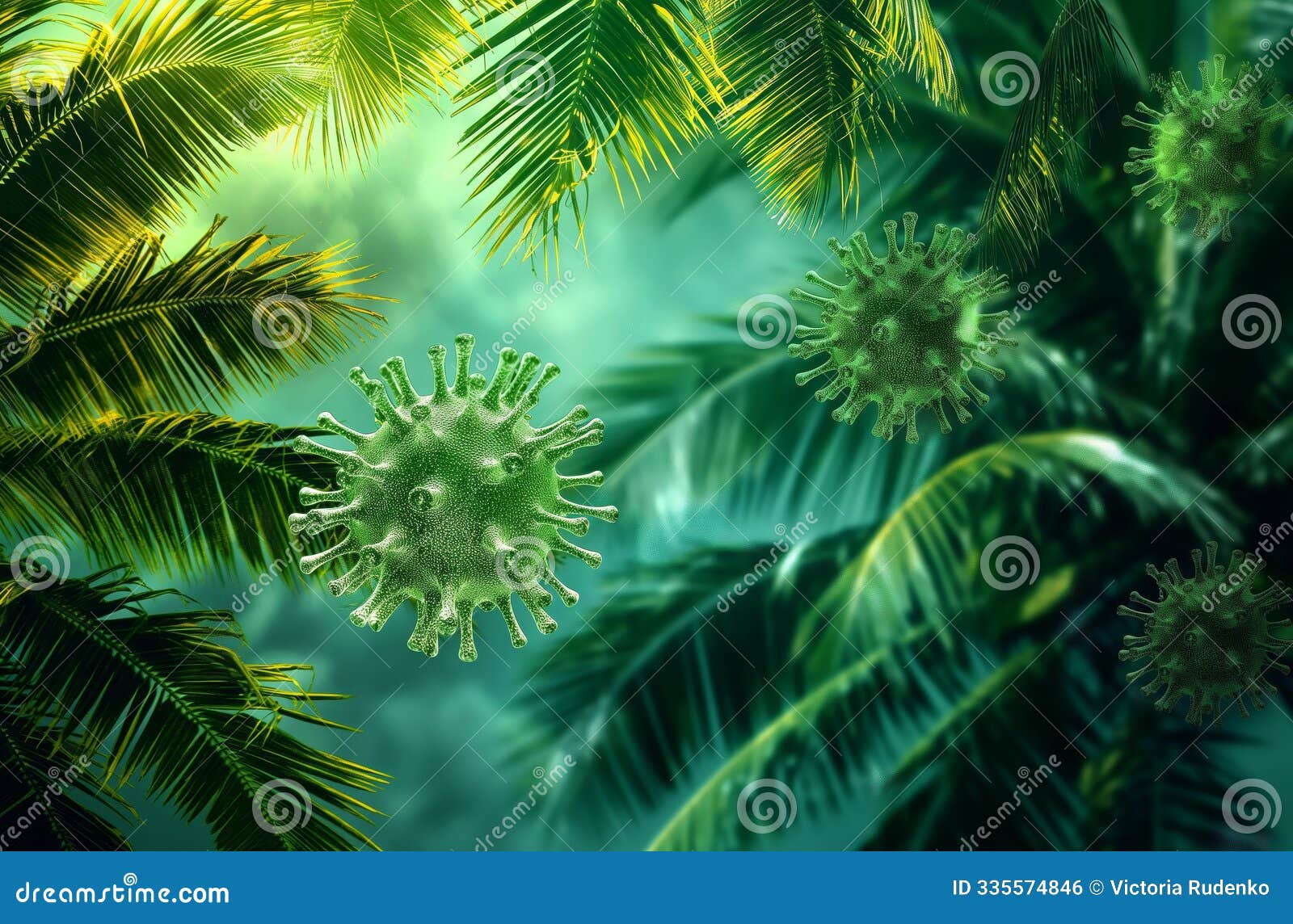 Microscopic View of Coronavirus Floating in Tropical Jungle Stock ...
