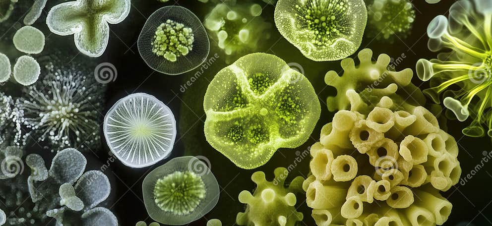 Microscopic View of Diverse Microorganisms and Algae in Vibrant Colors, Showcasing Cellular ...
