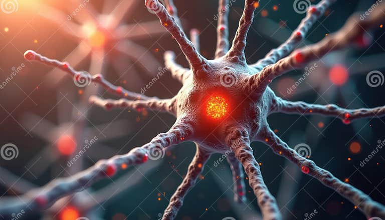 Microscopic View of Nerve Cell Activity. Neuron Transmits Electrical Signals. Brain ...