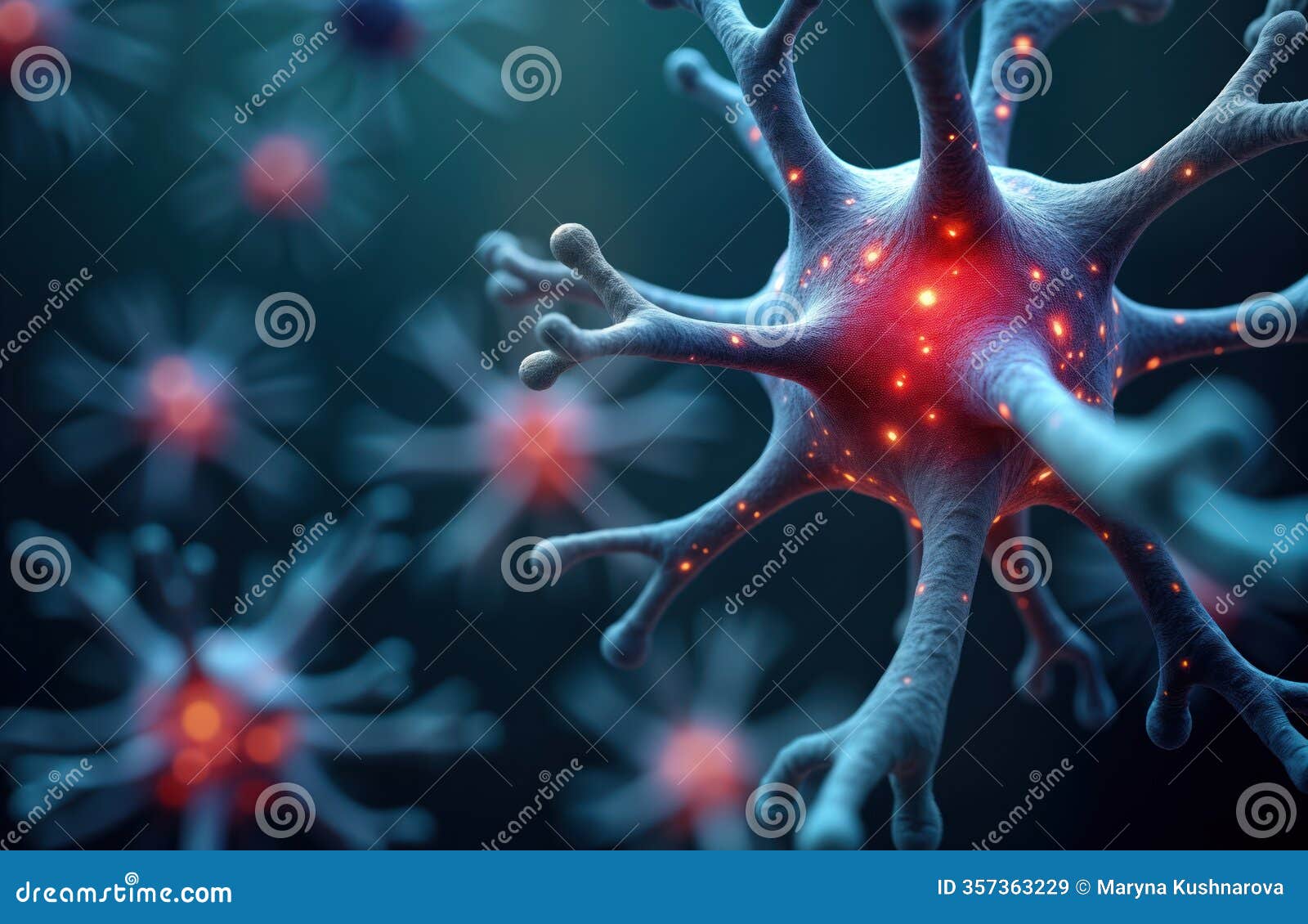 Microscopic View of Neuron Cells. Neural Network Displayed. Red Glowing ...