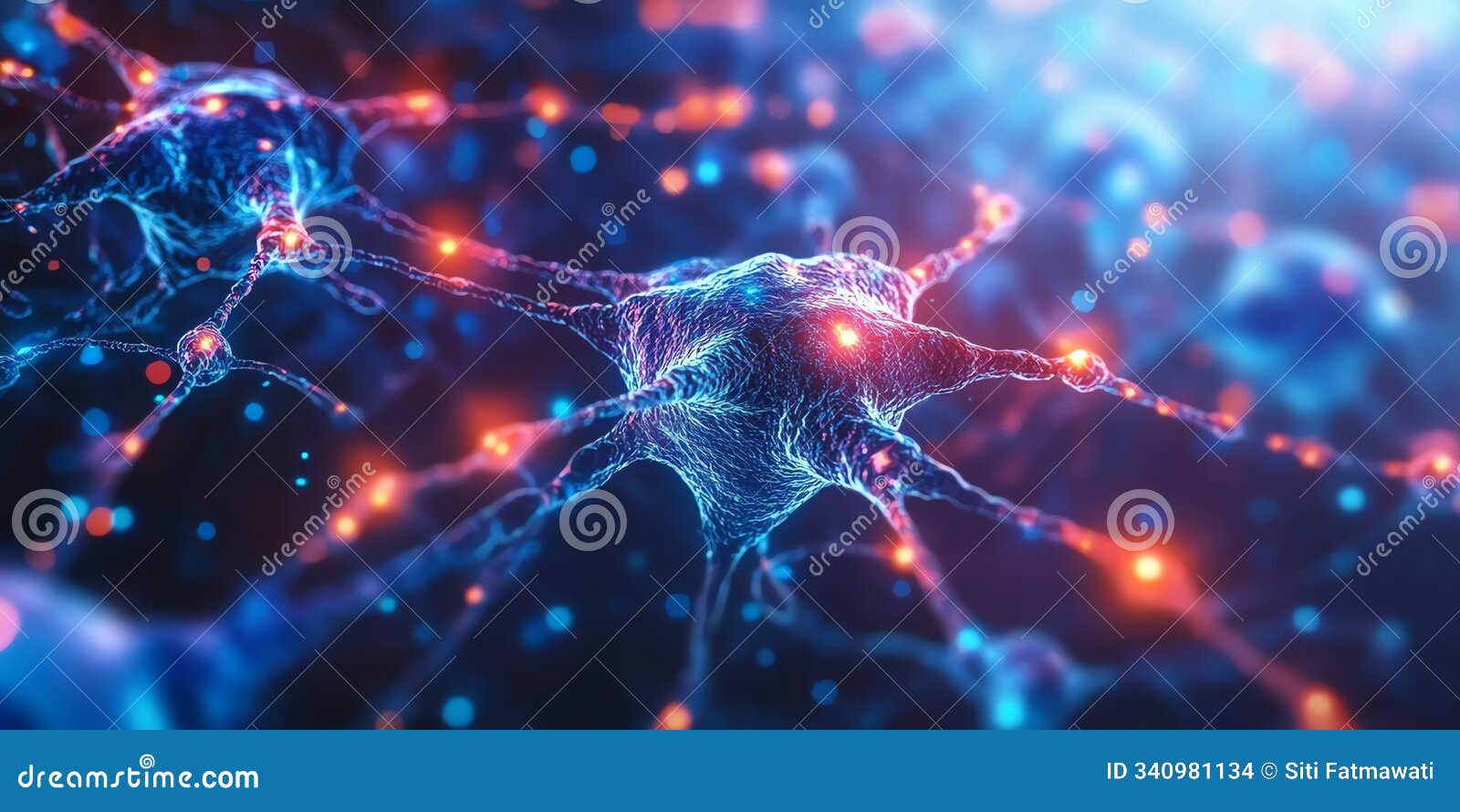 Microscopic View of a Neuron, a Nerve Cell, with Bright Red and Blue ...