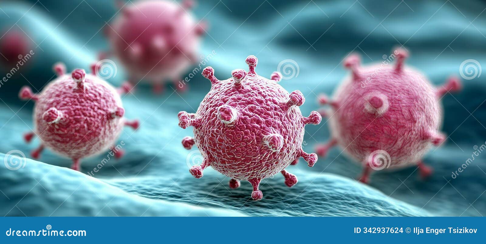 Microscopic View of Pink Virus Cells on a Blue Textured Surface. 3D ...