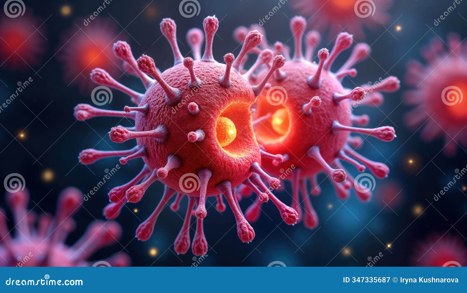 Microscopic View Shows Multiple Virus Particles. Red Sphere Shapes with ...