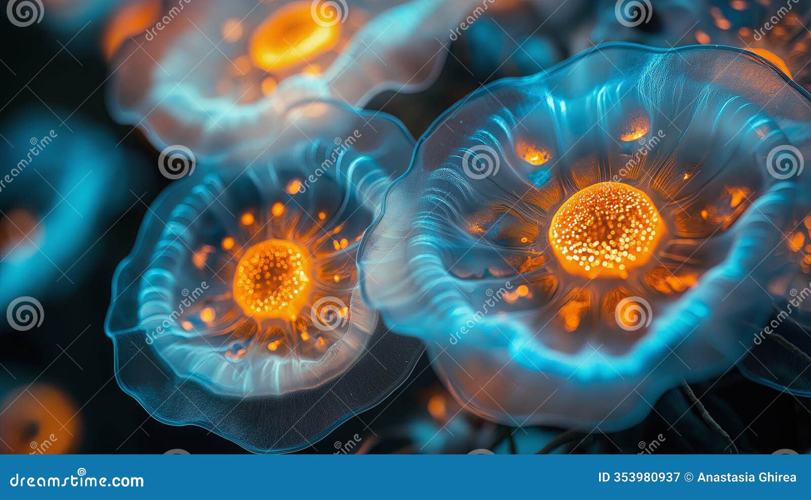 Microscopic View of Translucent Microbial Cells Glowing with Vivid Blue ...