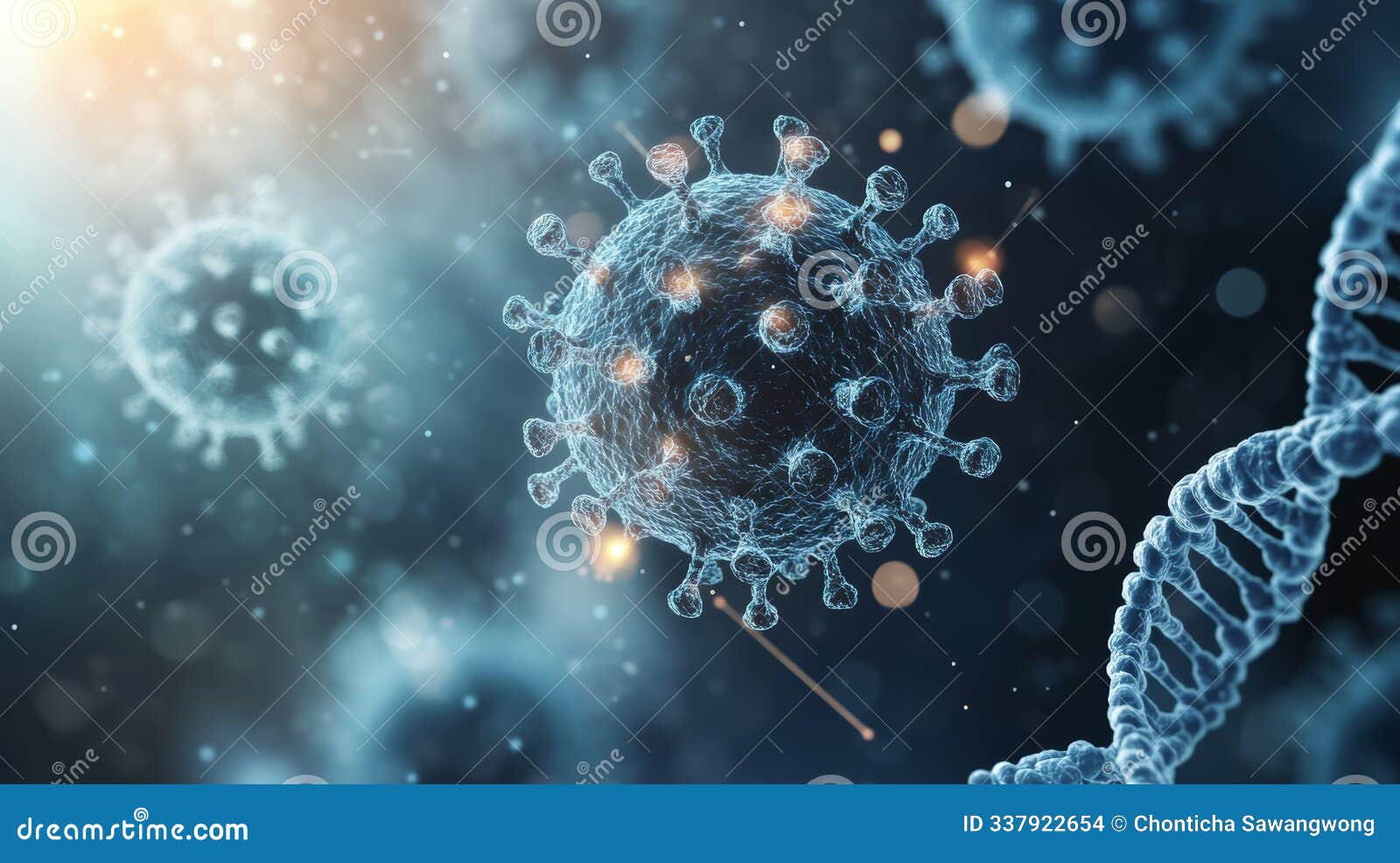 A Microscopic View of a Virus with DNA Strands in the Background. the ...