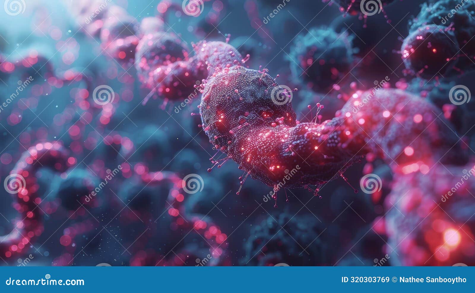 Microscopic View of a Virus Infecting a Cell. the Virus is Pink and the ...