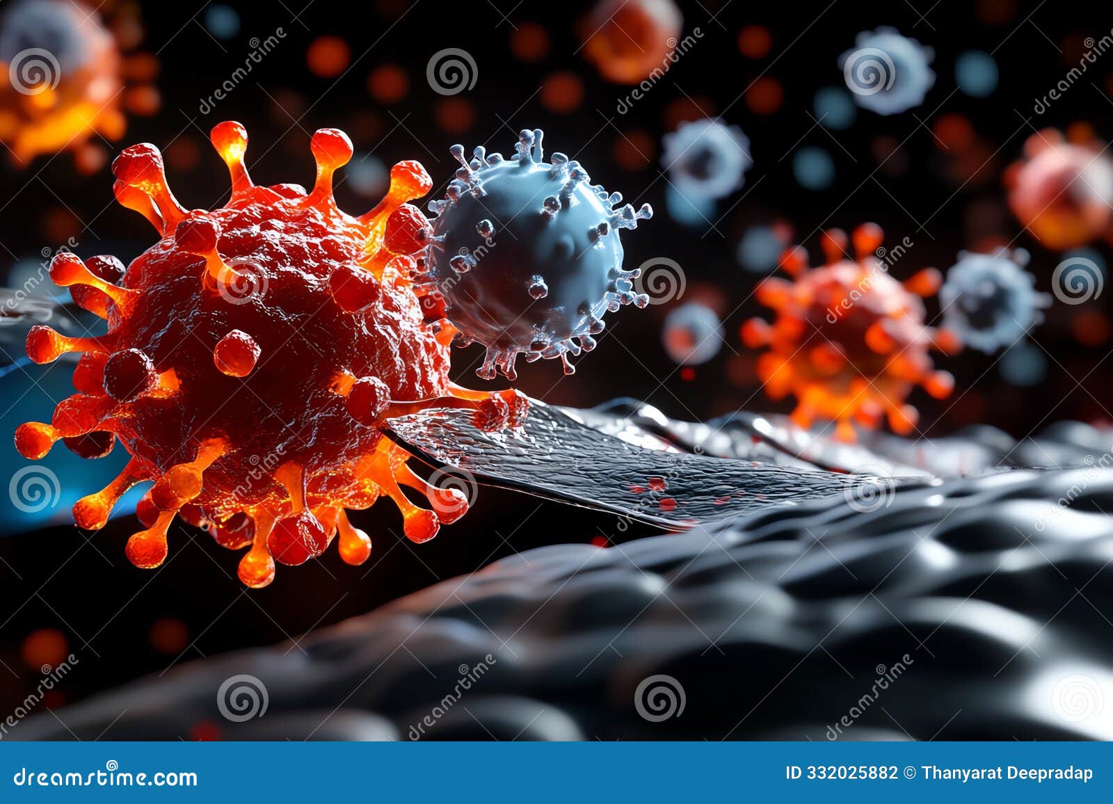 A Microscopic View of Viruses Attacking a Human Cell. the Image is a 3D ...