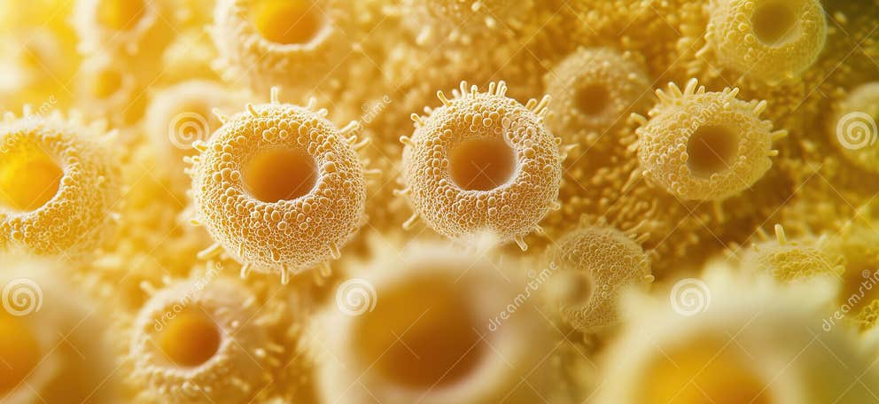 Microscopic View of Yellow Spherical Cells with Intricate Textures and ...