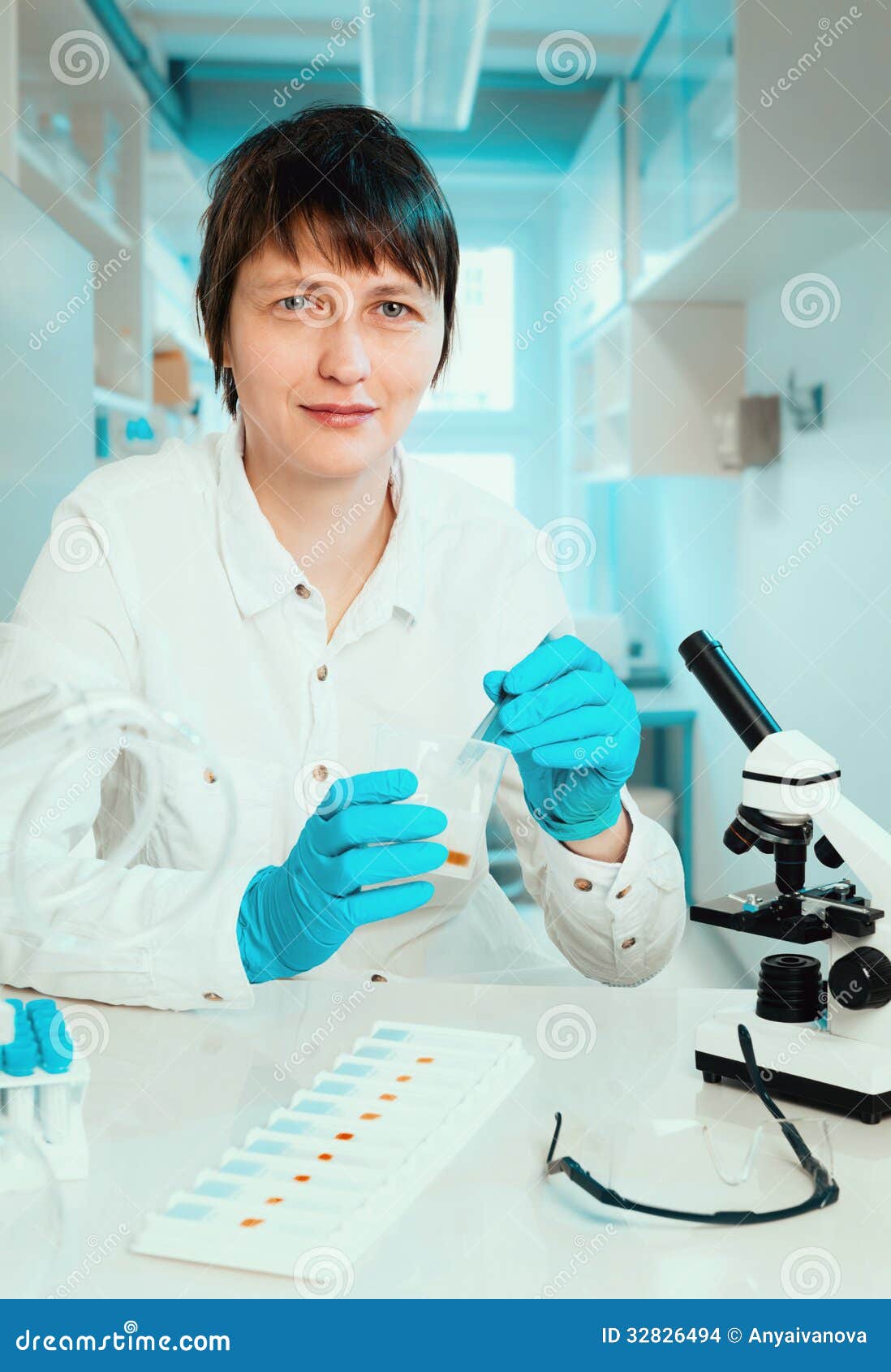 Microscopist at work stock photo. Image of interior, gloves - 32826494