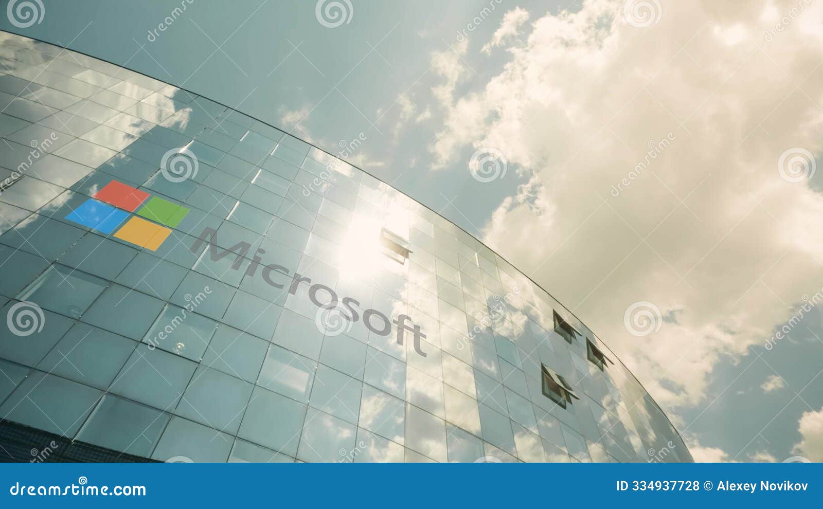 Microsoft Logo on the Modern Office Building, View from Below ...