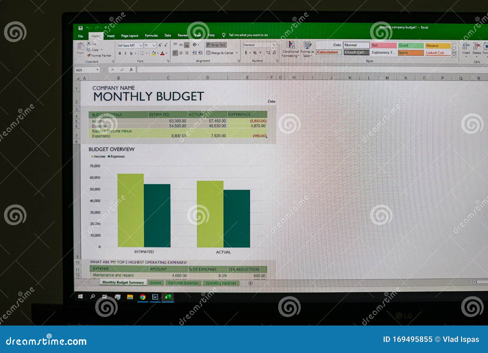 MIcrosoft Office Excel Application, Home Menu on Device Screen ...