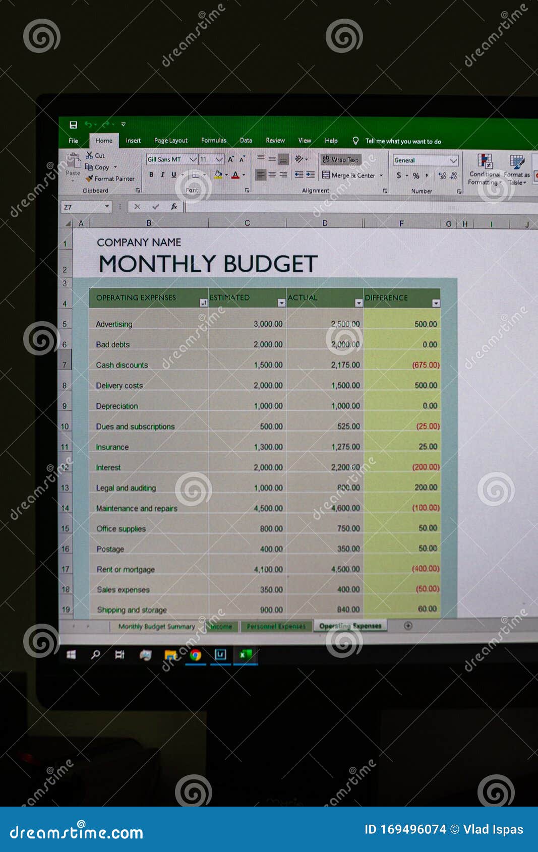 MIcrosoft Office Excel Application, Home Menu on Device Screen ...