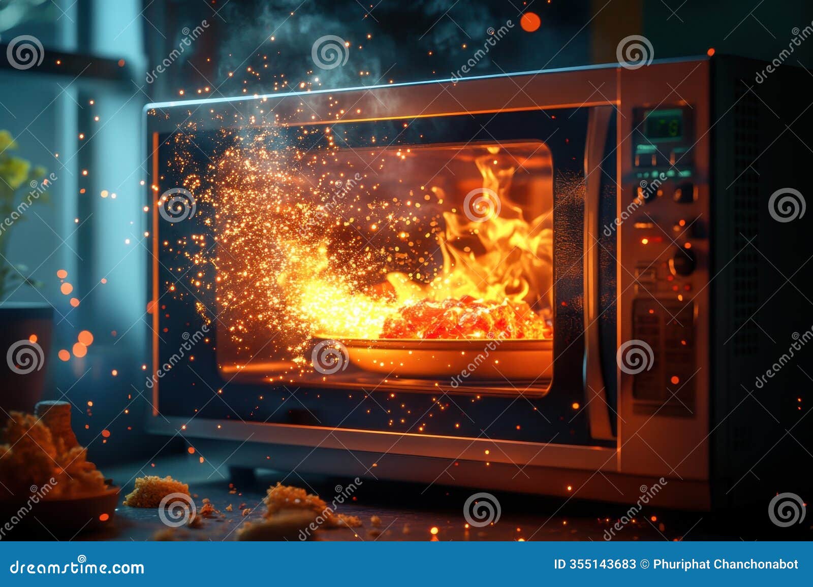 A Microwave is on Fire with a Burnt Piece of Food Inside with ...