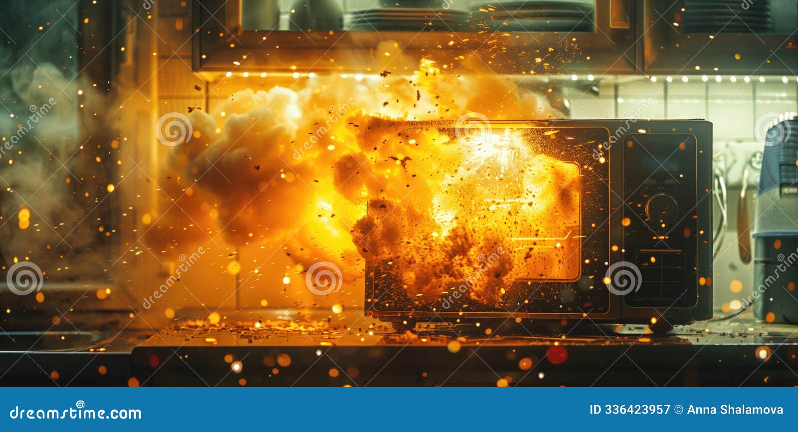Microwave Oven Exploding in Kitchen with Flames and Smoke. Stock Image ...
