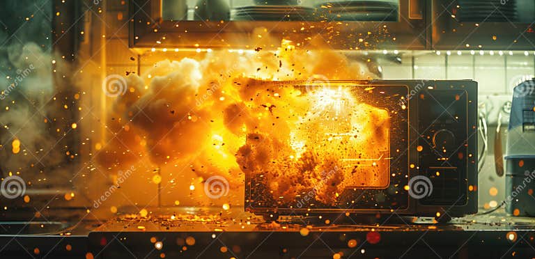 Microwave Oven Exploding in Kitchen with Flames and Smoke. Stock Image ...