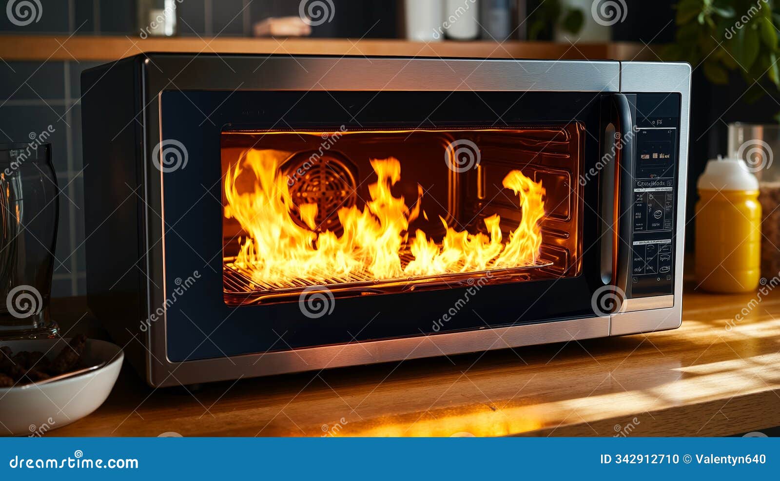 A Microwave Oven with a Fire Inside of it on a Counter Stock Photo ...