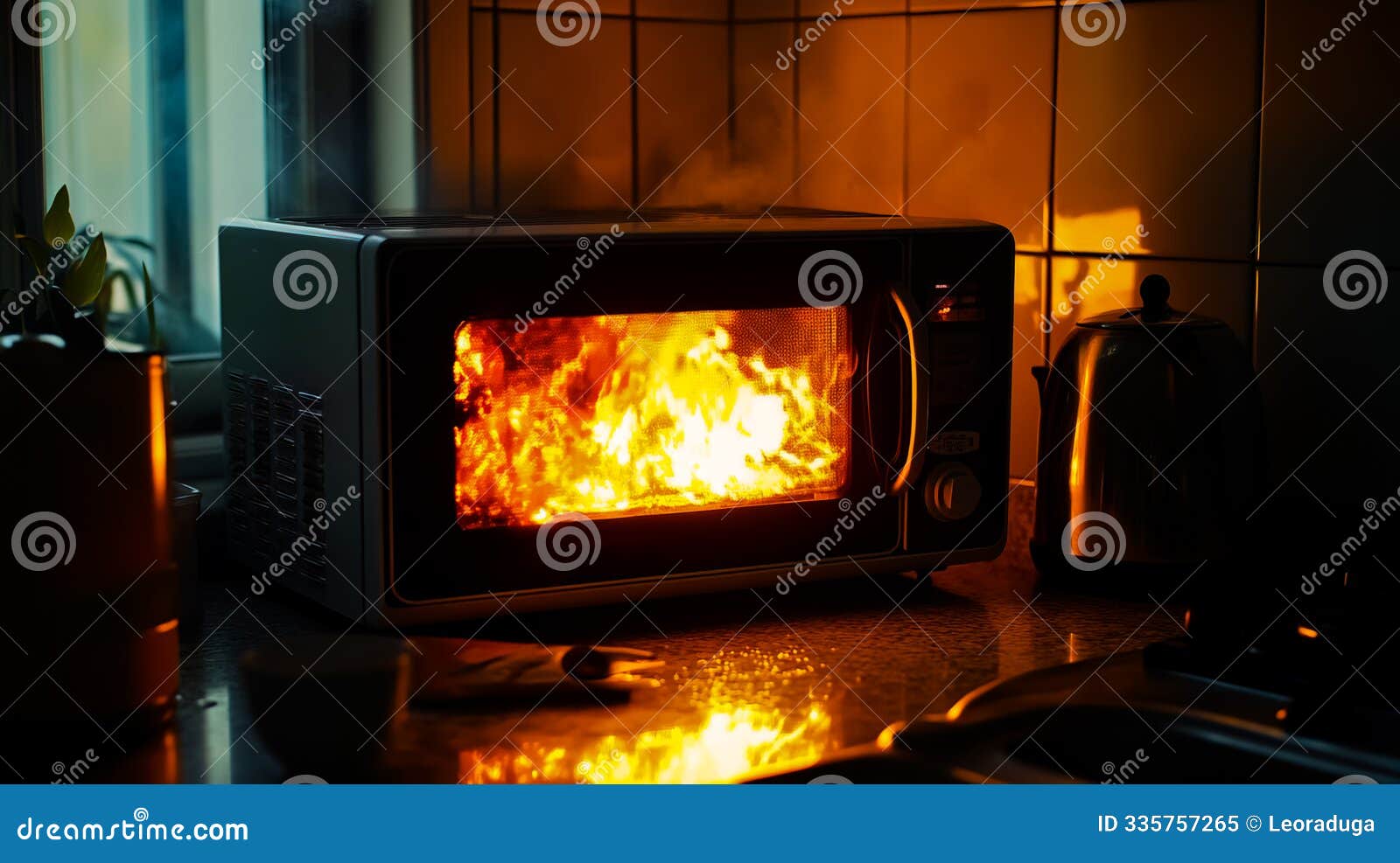 A Microwave Oven with a Fire Inside of it on a Kitchen Counter Stock ...