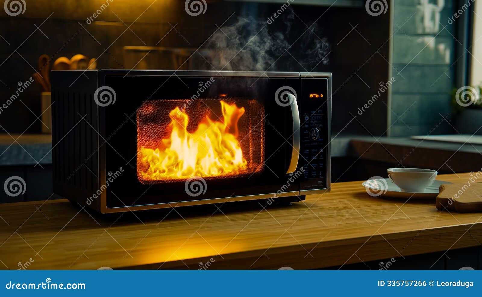 A Microwave Oven with a Fire Inside of it on a Kitchen Counter Stock ...