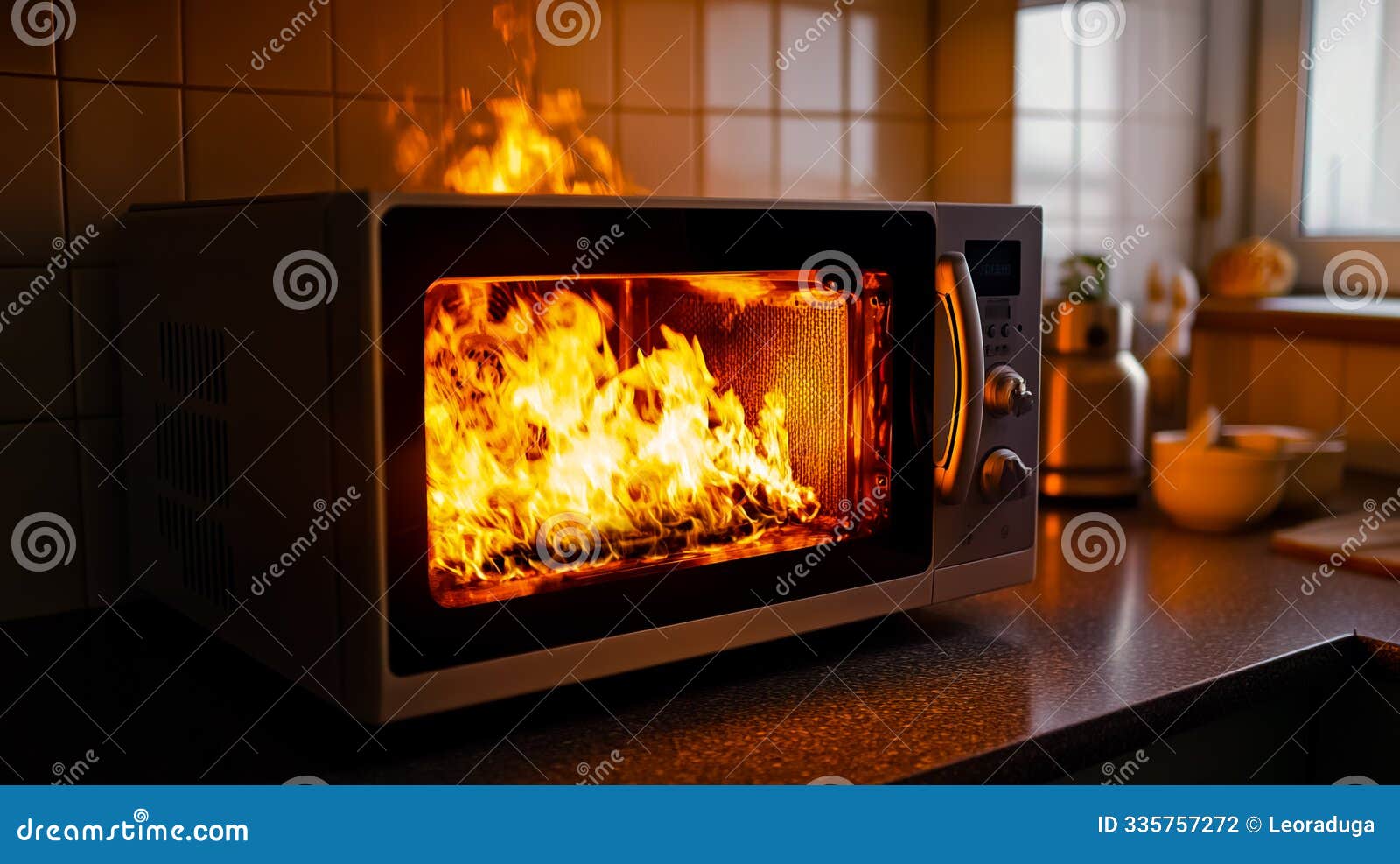 A Microwave Oven with a Fire Inside of it on a Kitchen Counter Stock ...