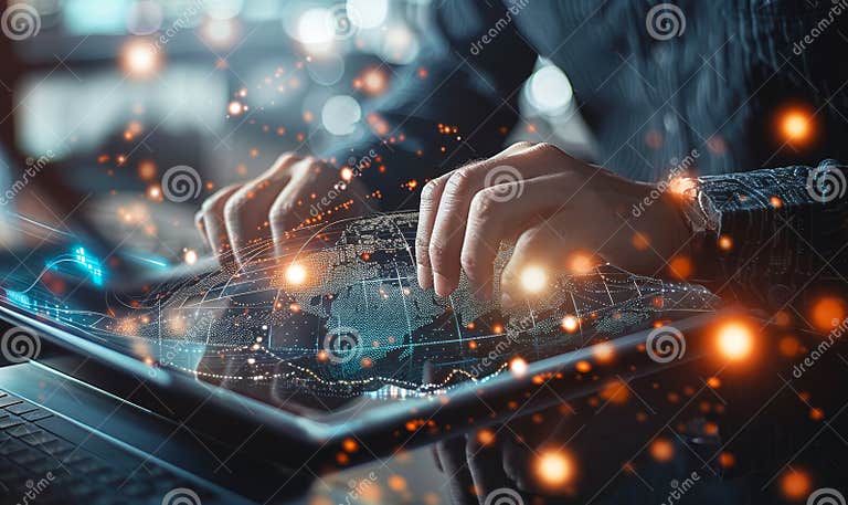 Mid-adult Man Digital Tablet Laptop Global Network Connection Future ...