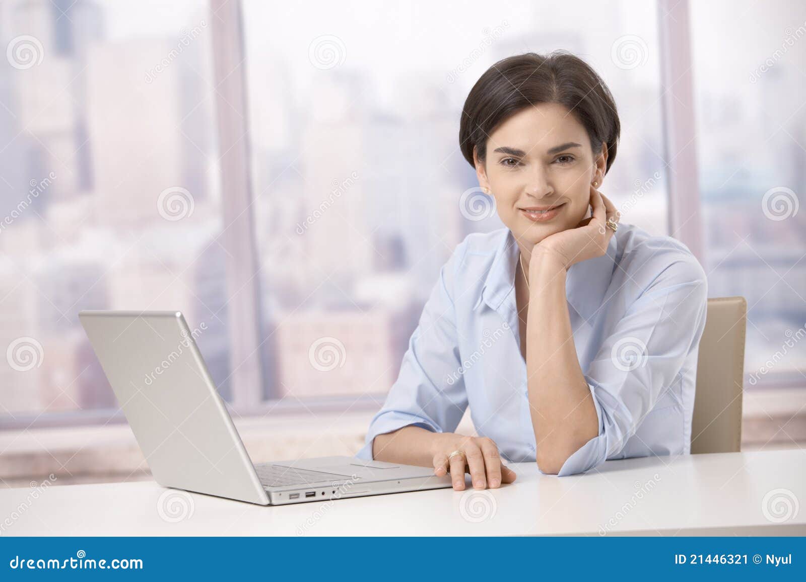 Mid Adult Woman Smiling with Computer Stock Image - Image of caucasian ...