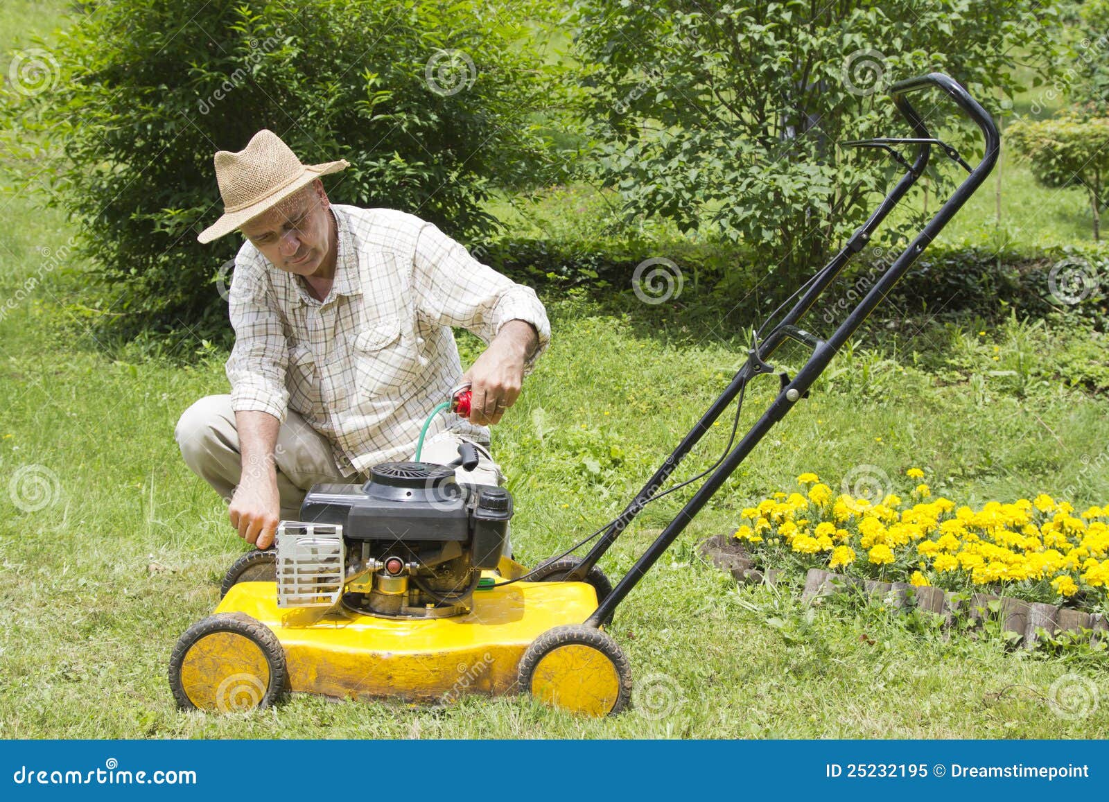 Mid Age Man Repairing Lawn Mower Stock Image - Image of equipment ...