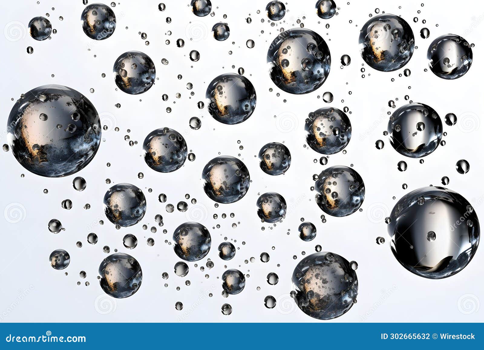 Mid-air Shot of Metallic Silver Bubbles Isolated Against a White ...