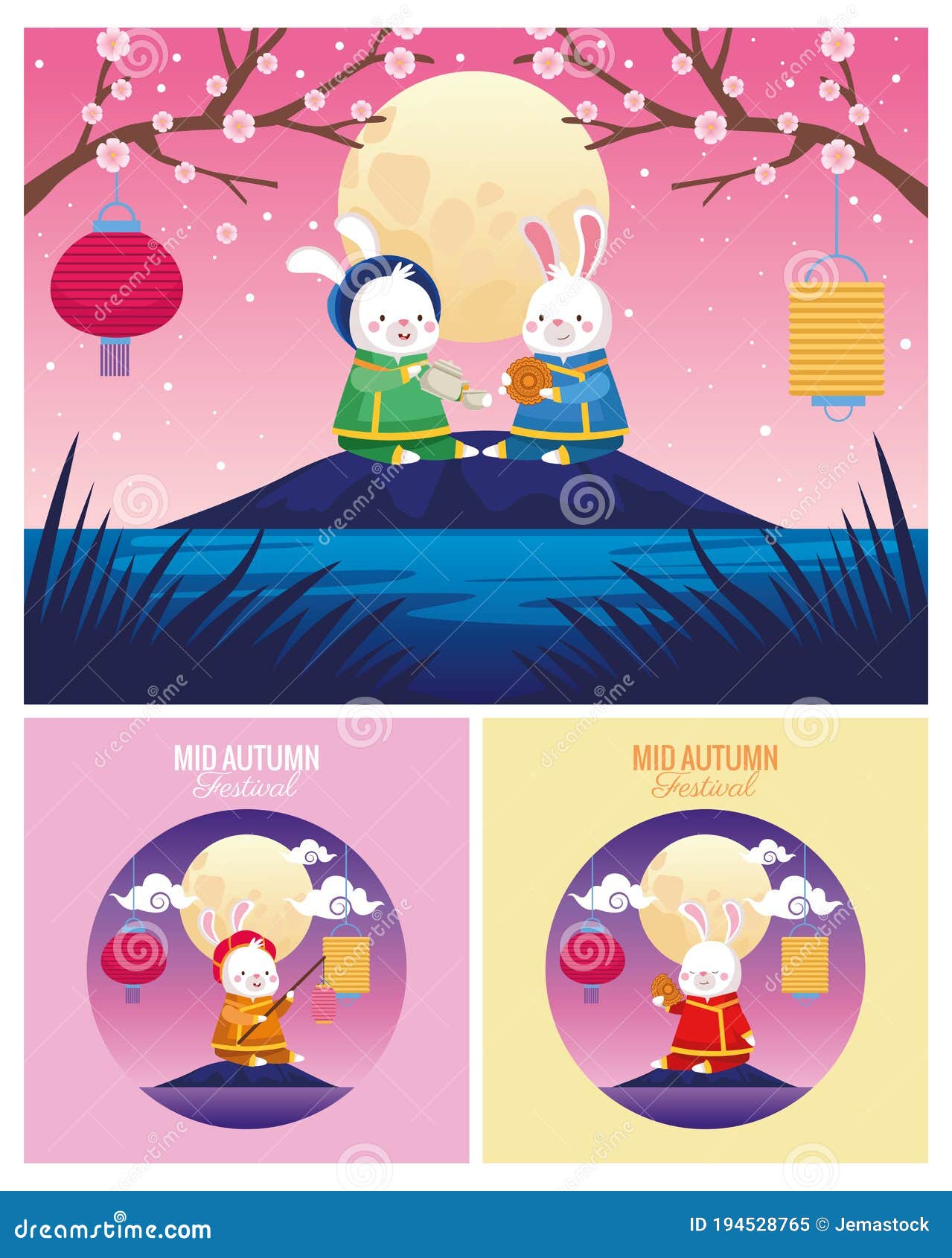 Mid Autumn Cards with Rabbits and Moons Scenes Stock Vector ...