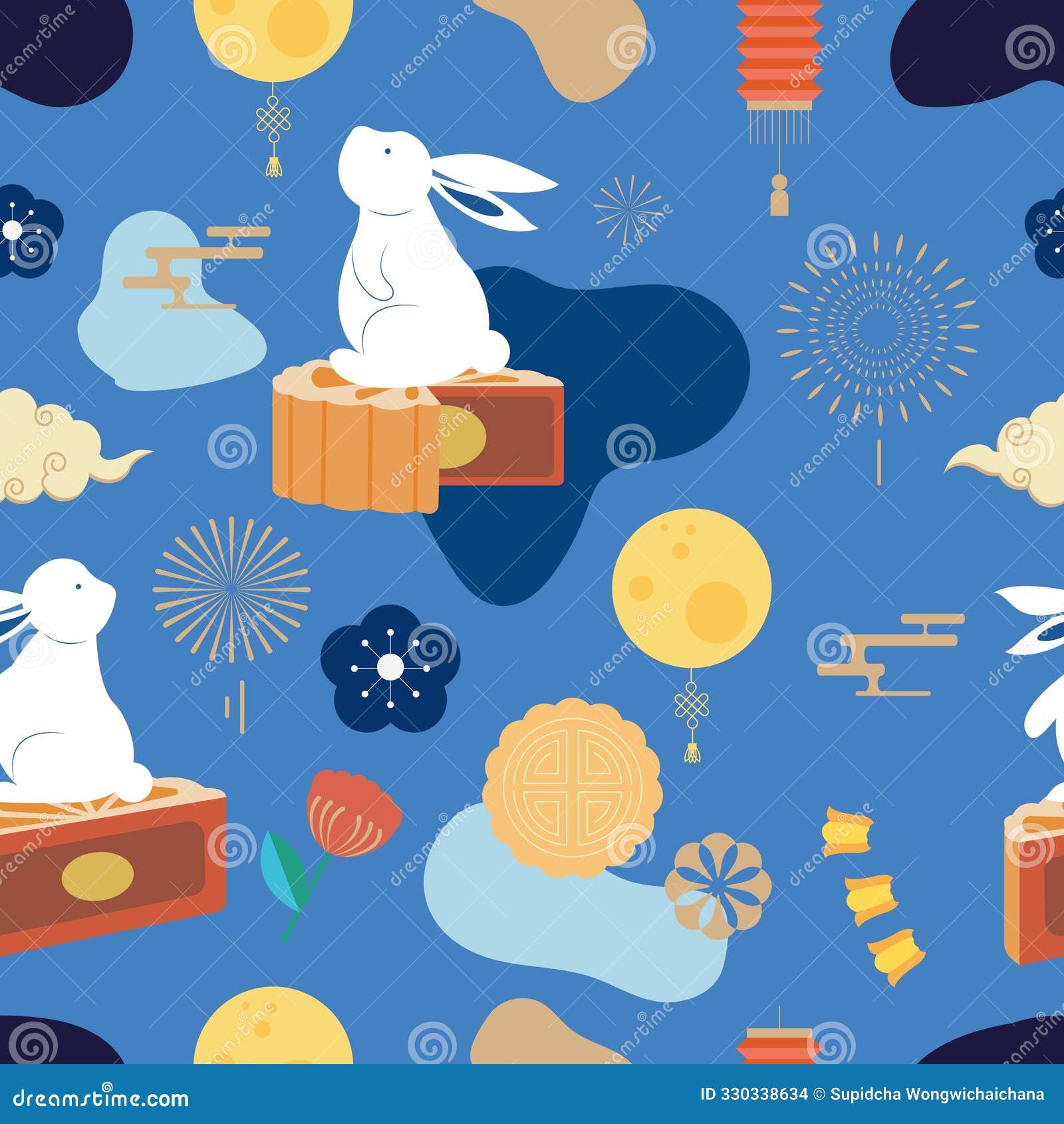 Mid-autumn Seamless Pattern Background with Rabbit and Moon for Tile ...