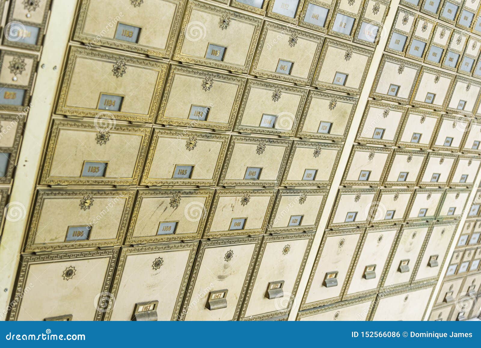Mid-Century Design Brass Post Office Mailboxes Stock Photo - Image of ...