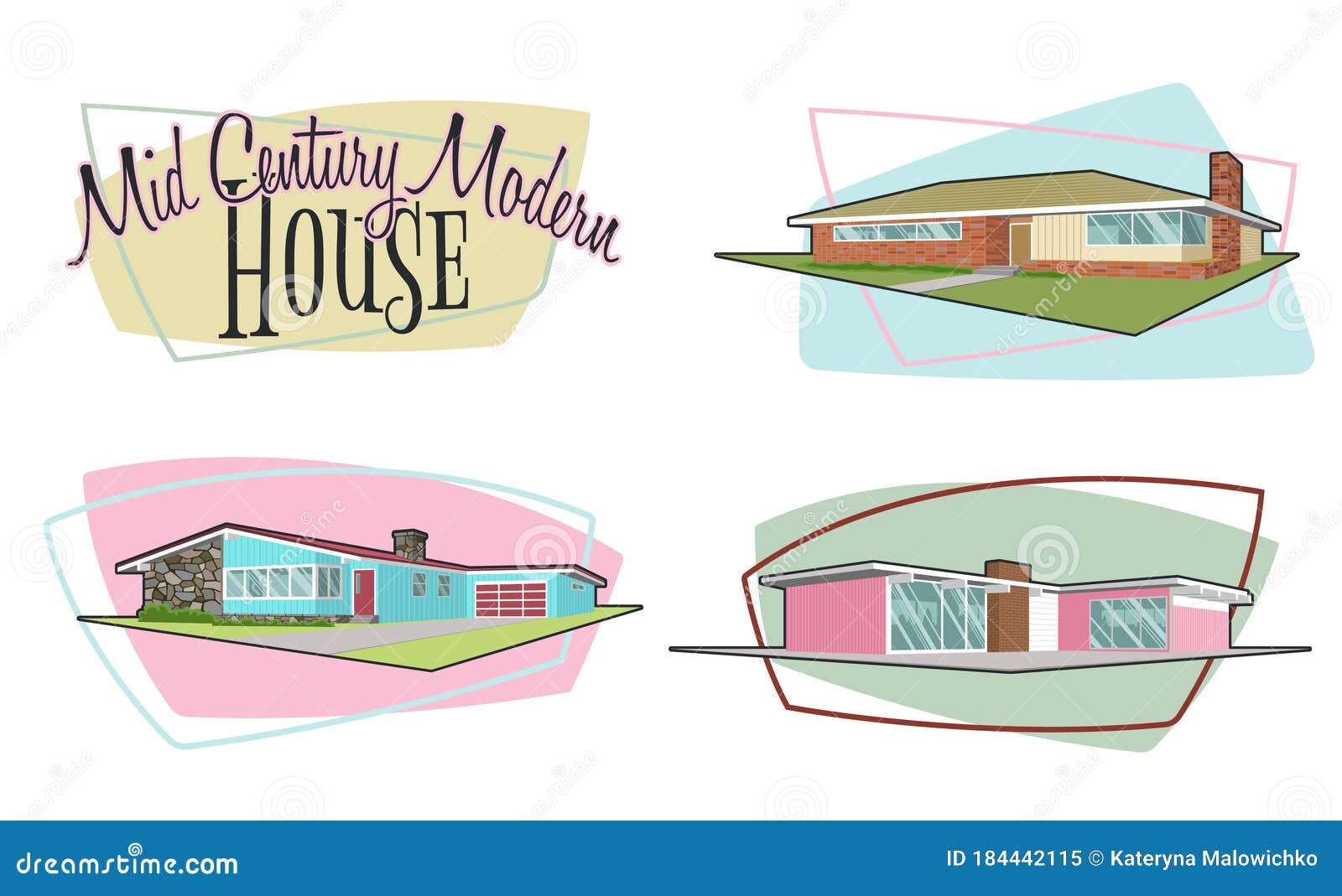 Mid Century Modern House Set Stock Vector - Illustration of country ...