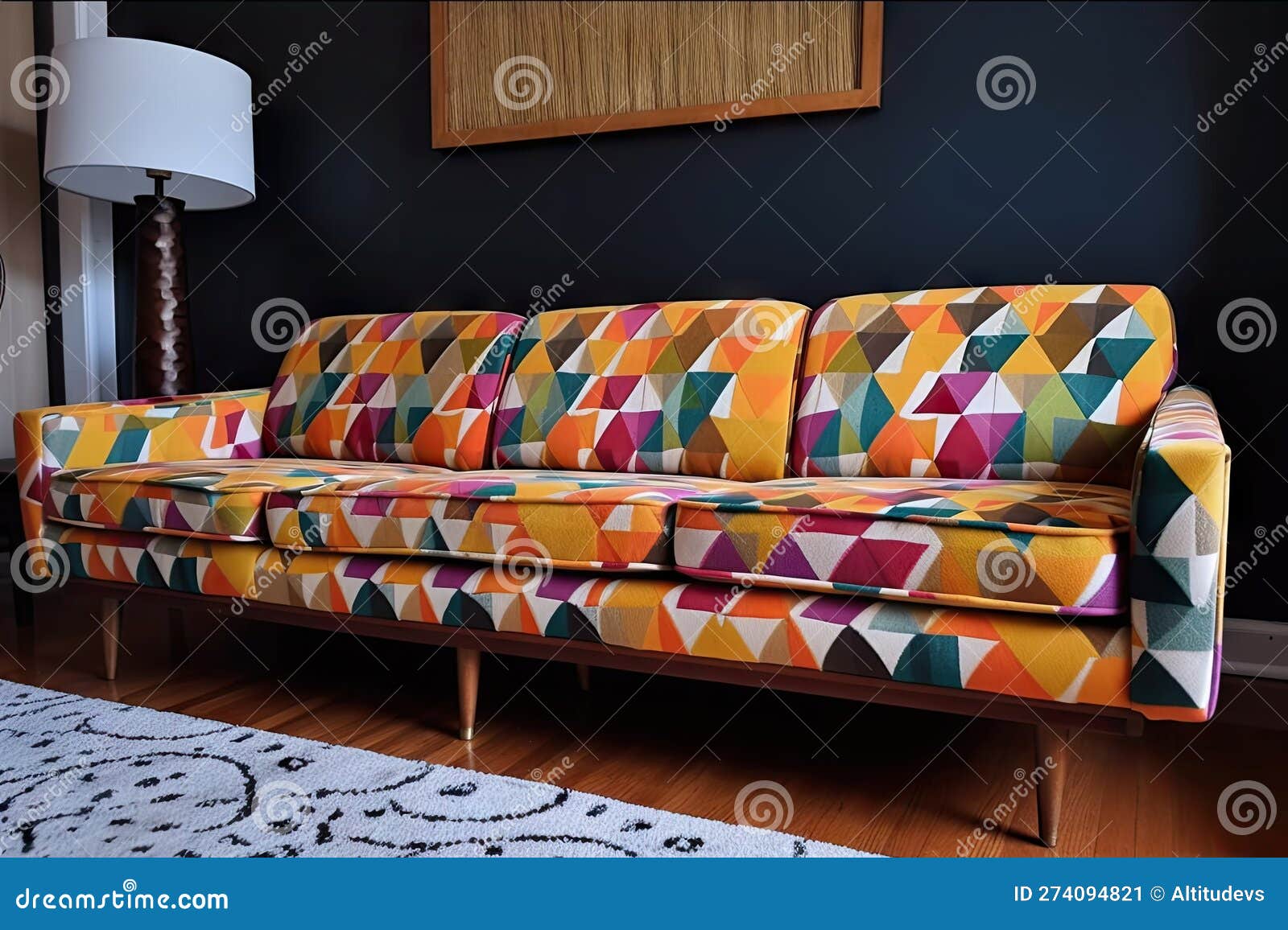 Mid-century Sofa with Geometric Pattern and Cushions in Vibrant Colors ...