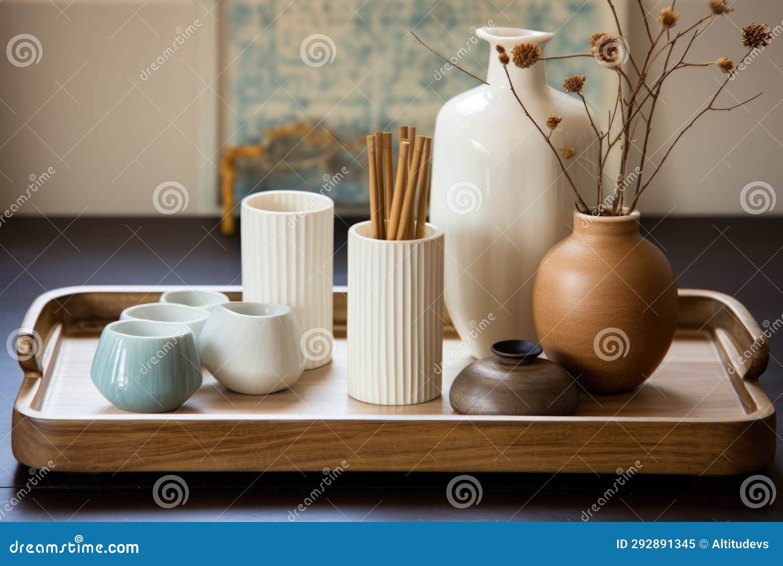 Mid-century Style Wooden Tray with Ceramic Objects Stock Image - Image ...