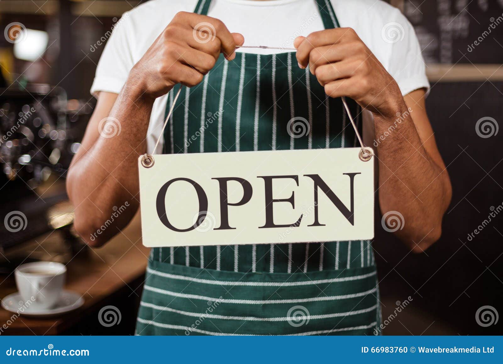 Mid Section of Barista Holding Open Sign Stock Photo - Image of ...