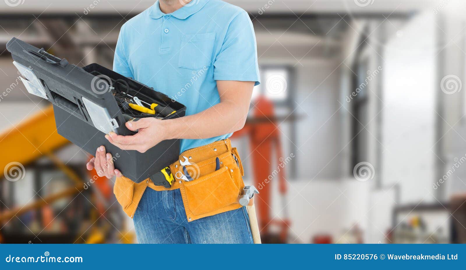 Mid Section of Handyman Holding Toolbox Stock Photo - Image of flooring ...