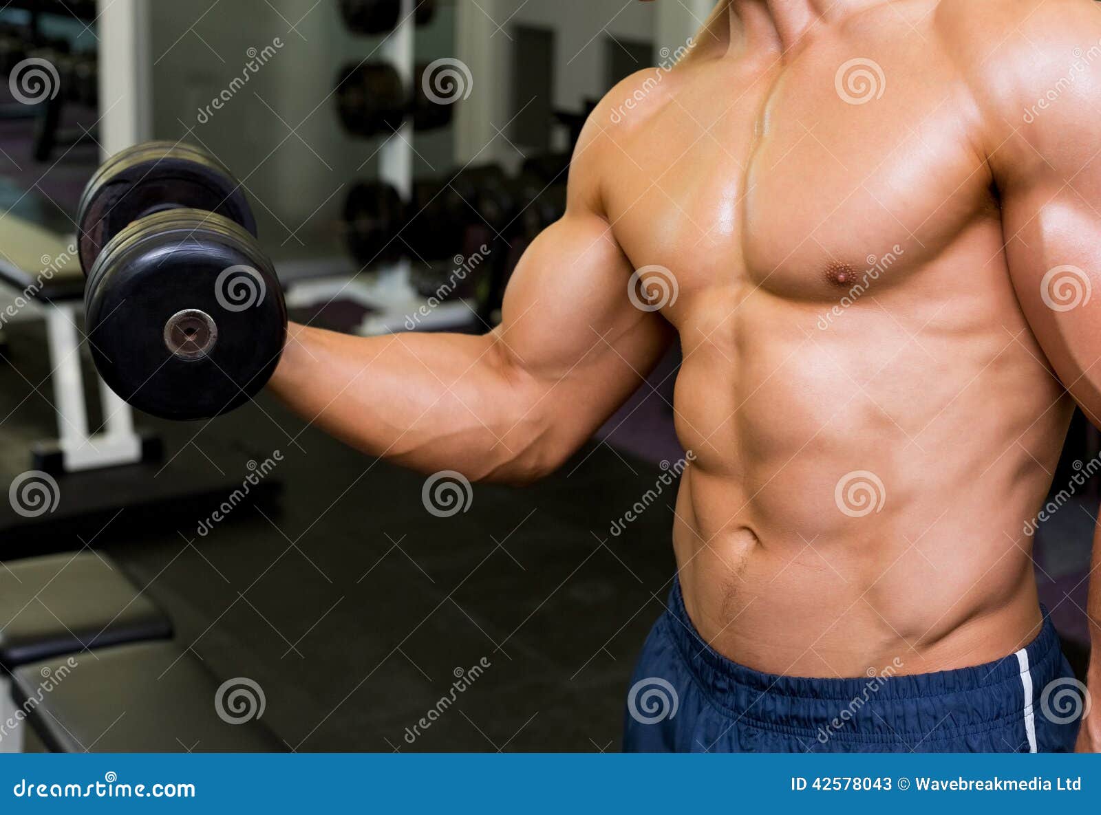 Mid Section of Shirtless Muscular Man Exercising with Dumbbell Stock ...