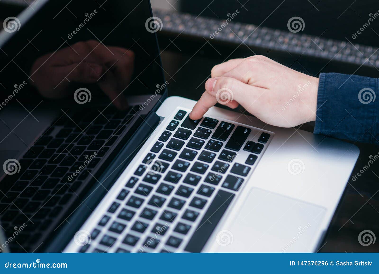Mid Selection of Man Using Laptop and Put Finger on Button Stock Photo ...