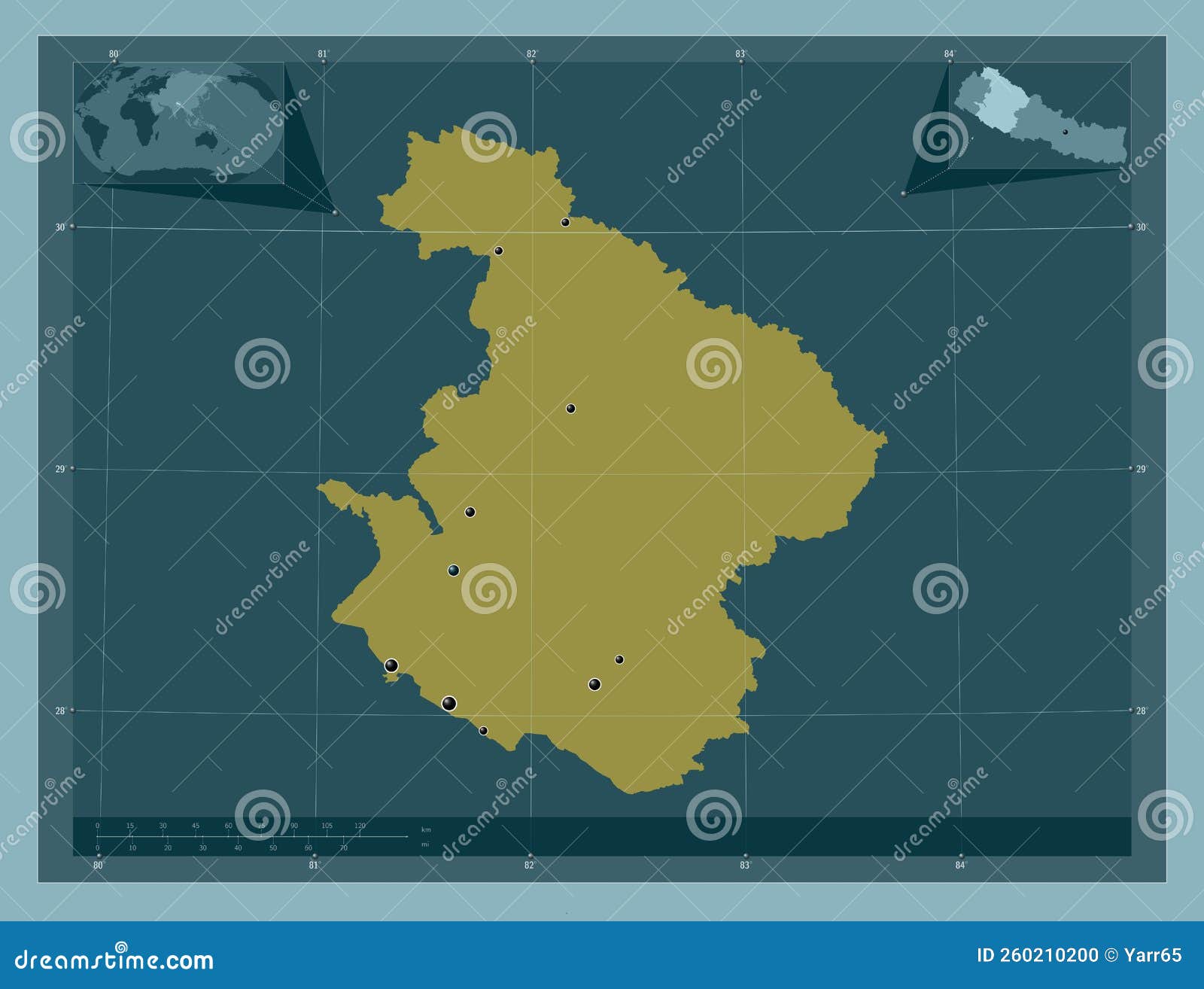 Mid-Western, Nepal. Solid. Major Cities Stock Illustration ...