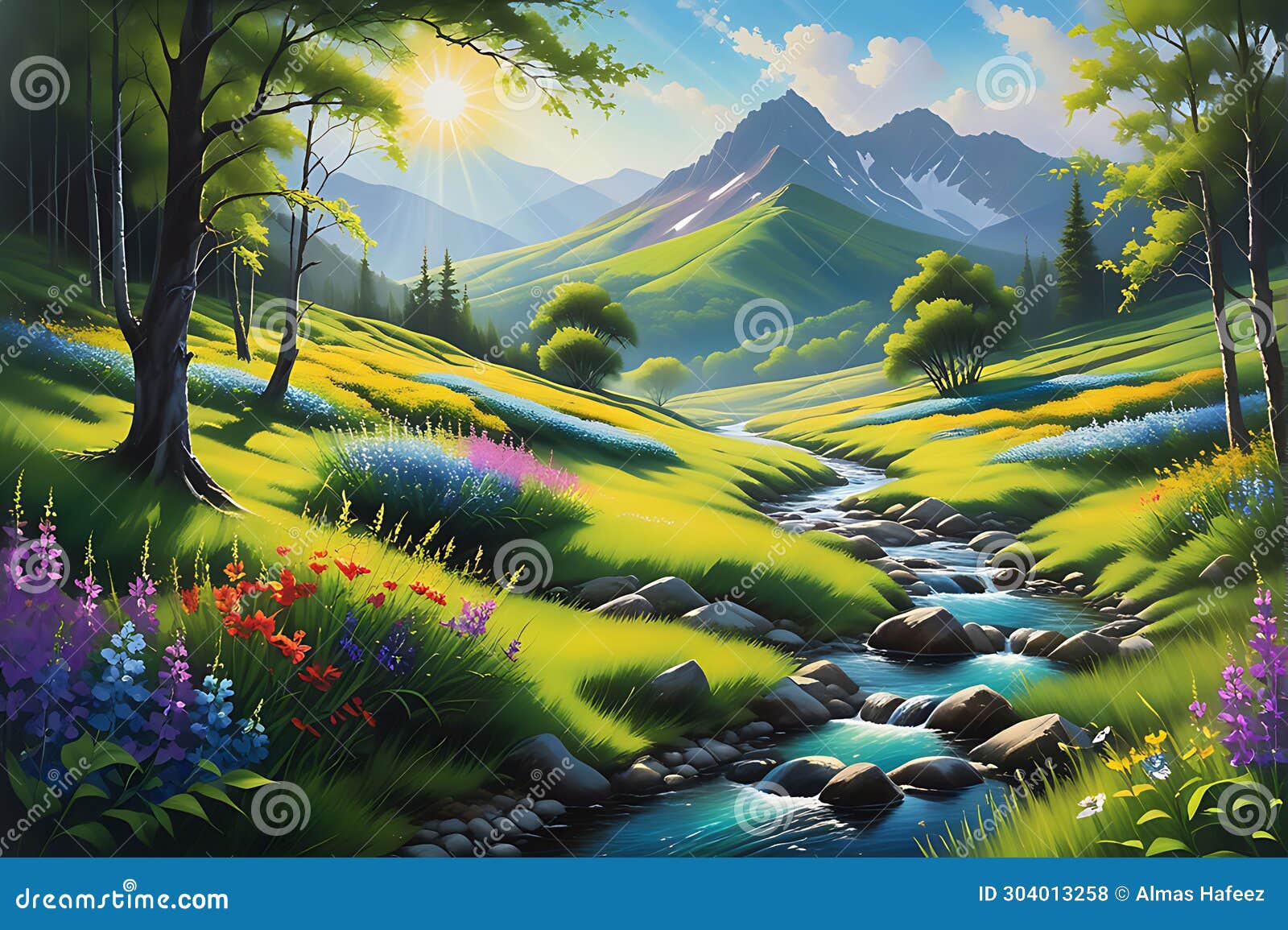 Midday Summer Landscape, Sun High in the Sky Casting Deep Shadows Under ...