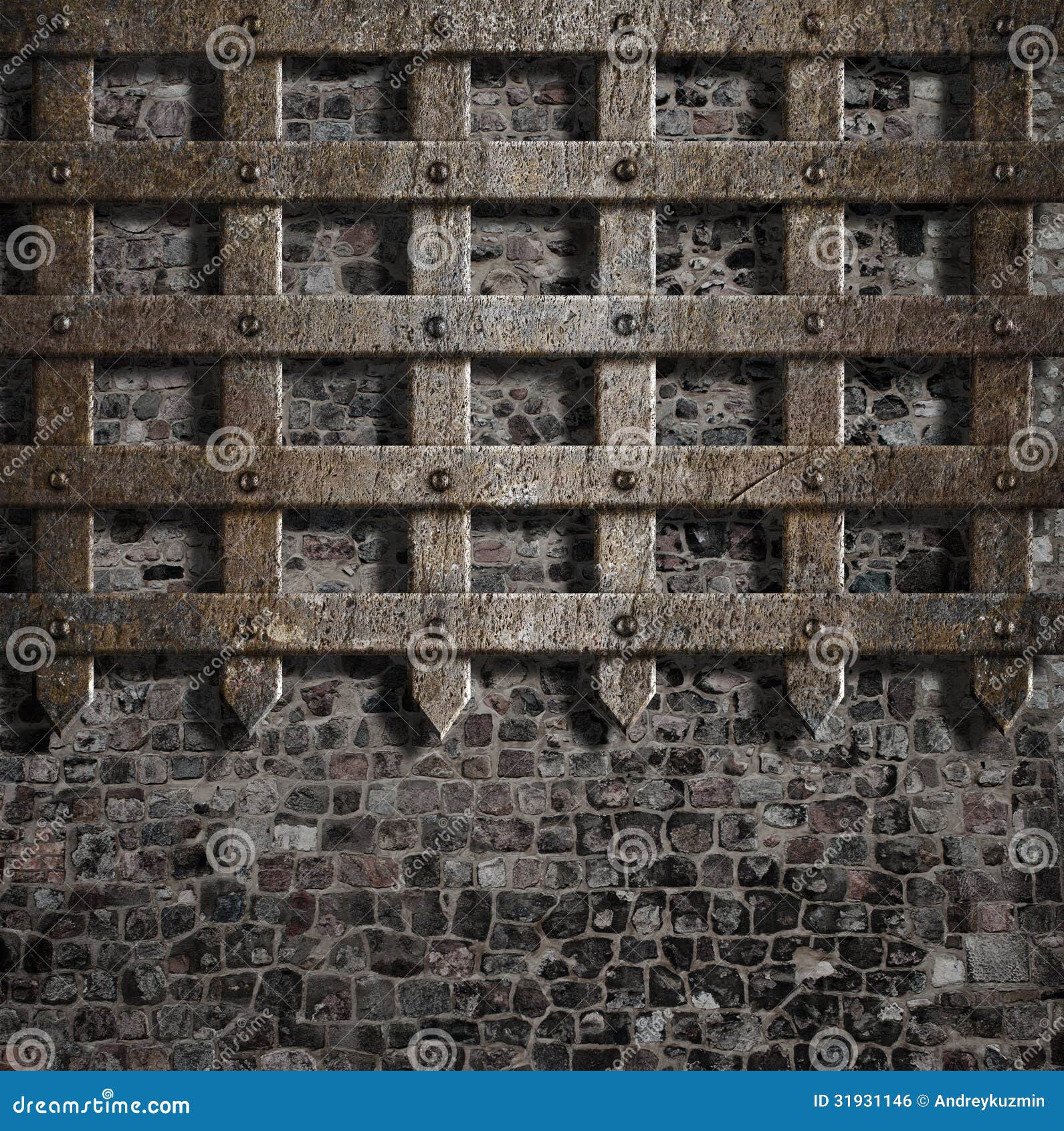 Middeleeuws Oud Roestig Metaalrooster Op Steenmuur Stock Foto - Image ...